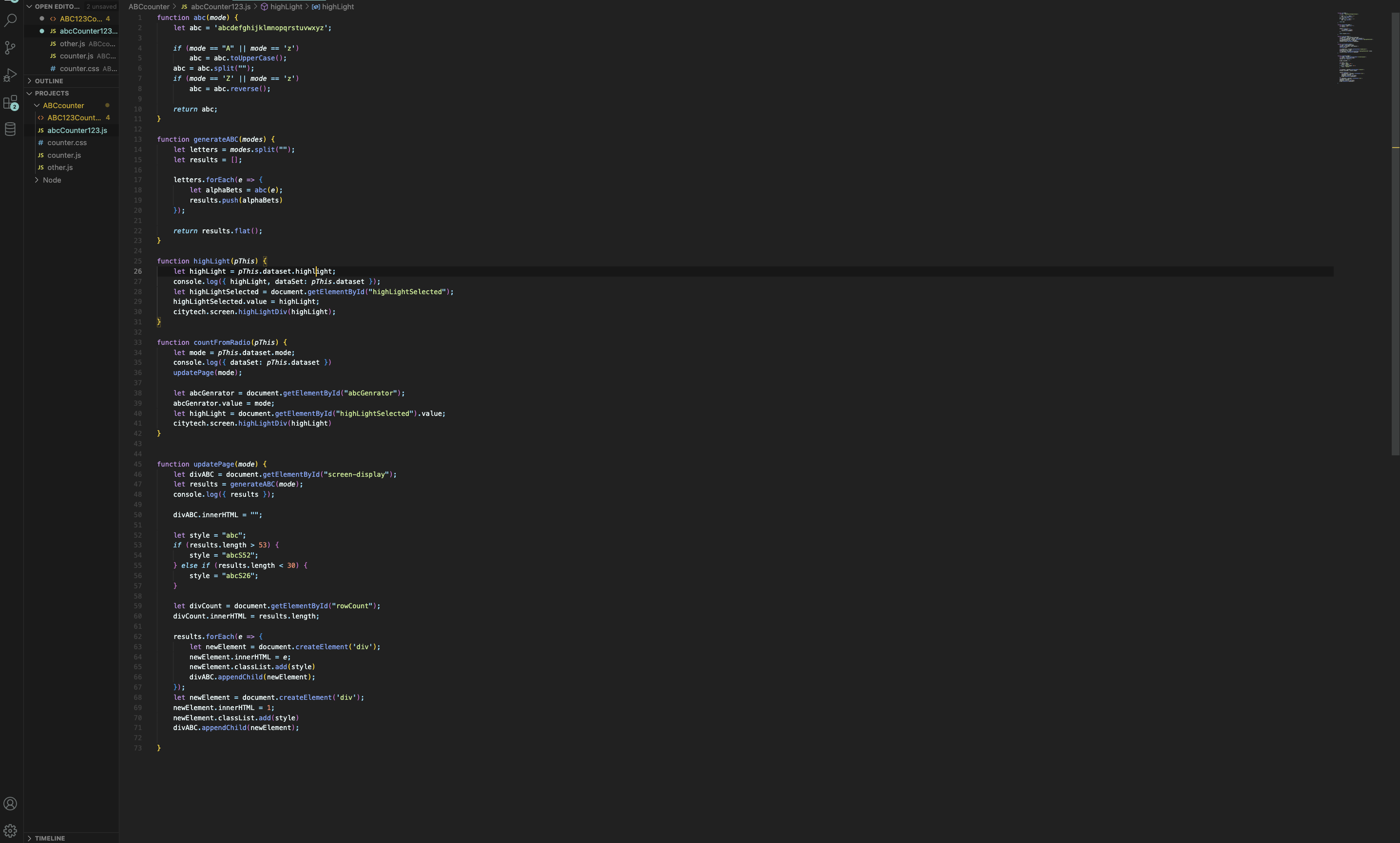 ABCcounter > Js abcCounter123.js >⊗ highLight >[⊗] | Chegg.com