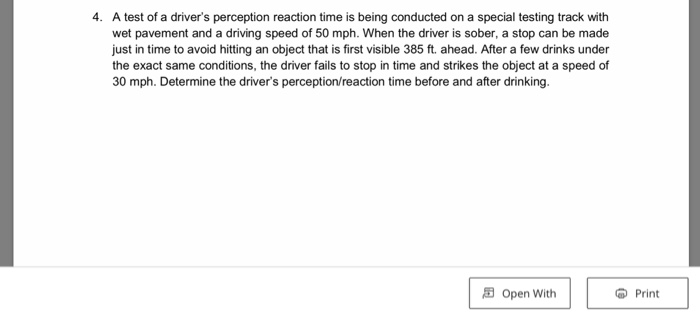 Solved 4. A test of a driver's perception reaction time is | Chegg.com