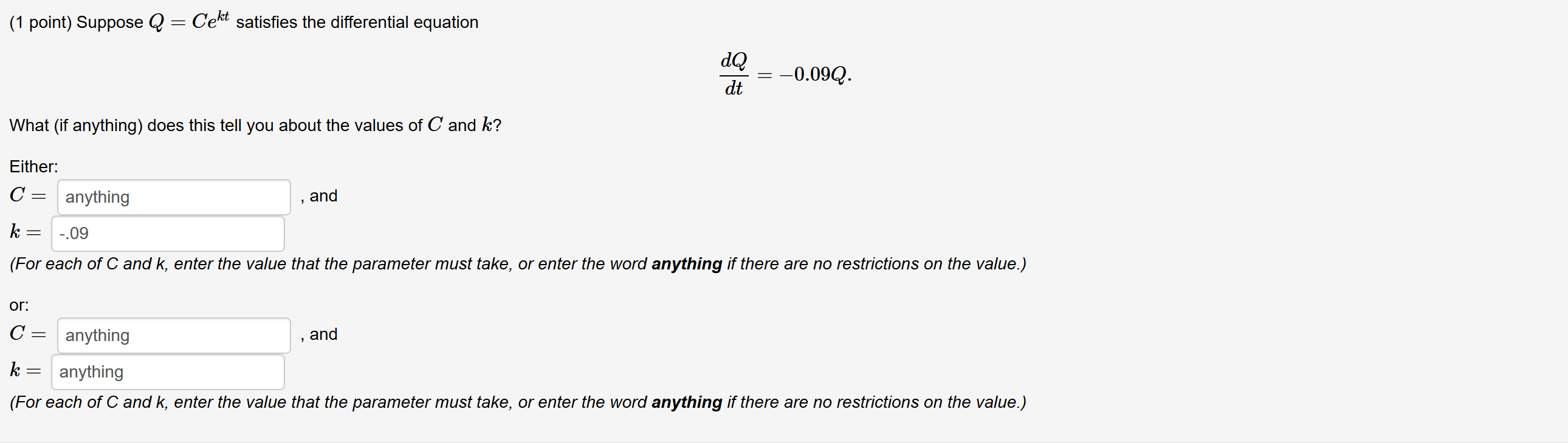 Solved (1 point) Suppose Q = Cekt satisfies the differential | Chegg.com