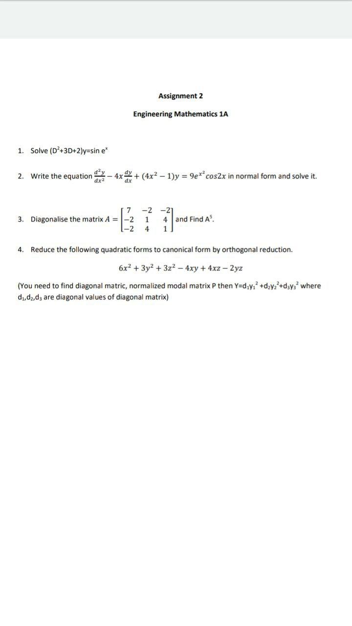 Solved Assignment 2 Engineering Mathematics 1A 1. Solve | Chegg.com