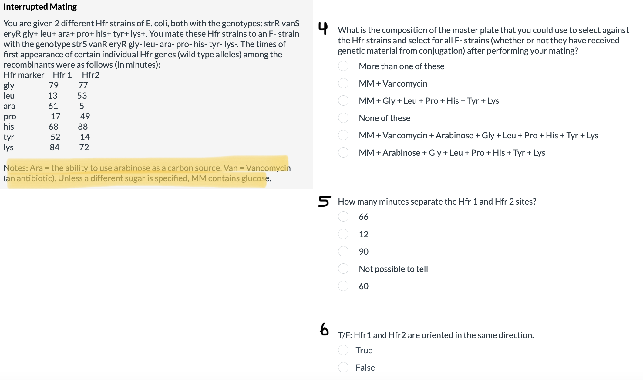 Solved Interrupted Mating You are given 2 different Hfr | Chegg.com