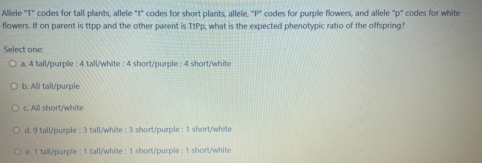 Solved Allele "T" codes for tall plants, allele "t" codes | Chegg.com