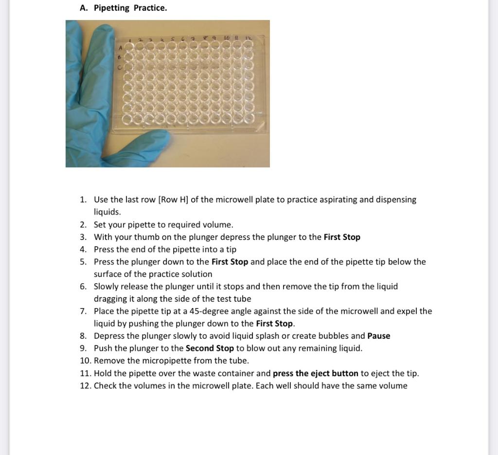 Solved A. Pipetting Practice. 1. Use the last row (Row H] of | Chegg.com