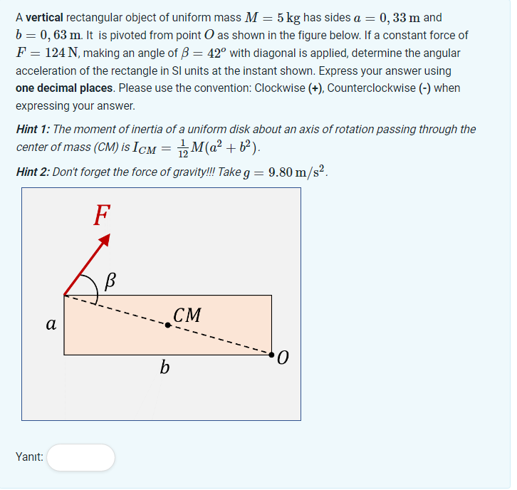 Solved A vertical rectangular object of uniform mass M=5kg | Chegg.com