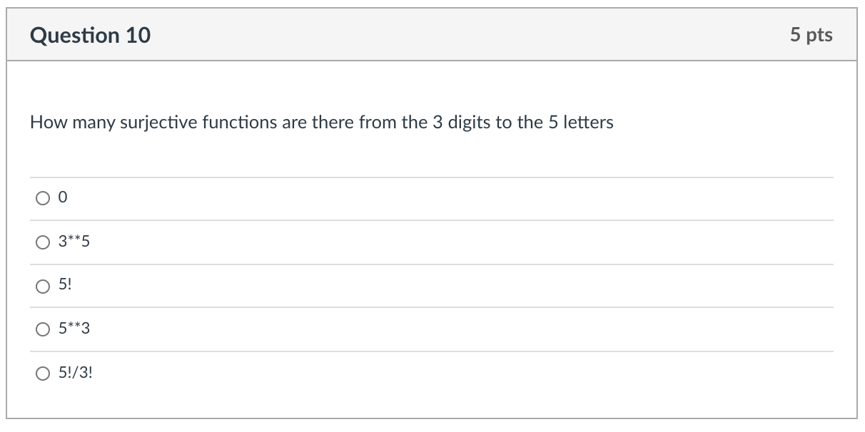Solved Question 10 5 pts How many surjective functions are | Chegg.com