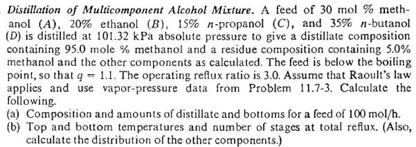Distillation of Multicomponent Alcohol Mixture. A | Chegg.com