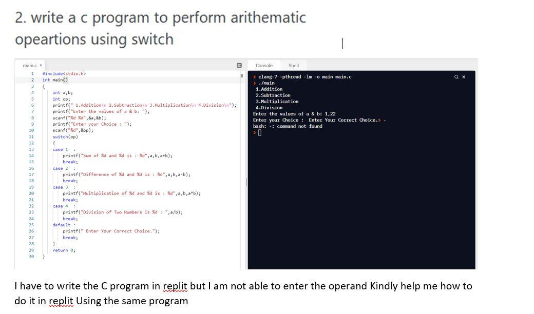 Solved 2. write a c program to perform arithematic | Chegg.com