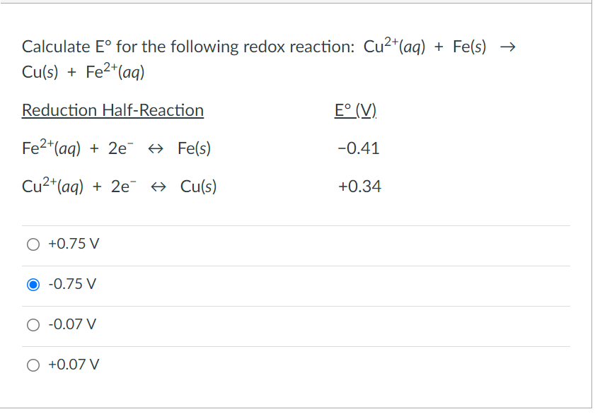 Solved Calculate Eº for the following redox reaction: | Chegg.com