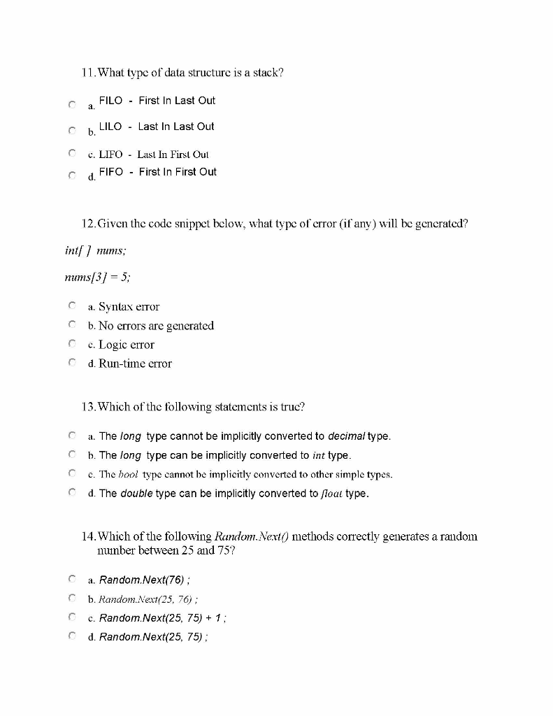 Solved 11. What type of data structure is a stack? FILO - | Chegg.com