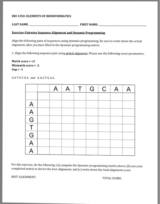 Solved BIO 3350: ELEMENTS OF BIOINFORMATICS LAST NAME: FIRST | Chegg.com