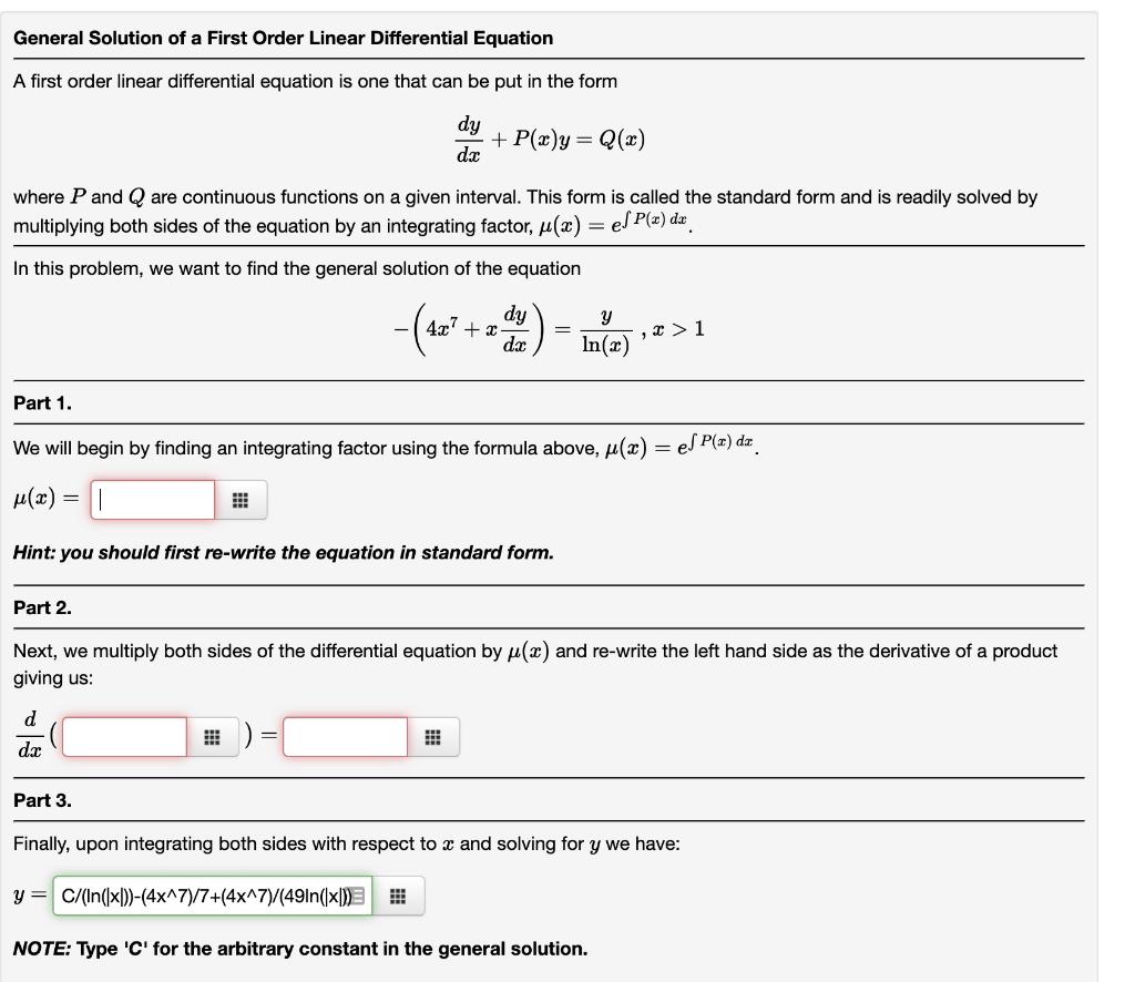 Solved General Solution Of A First Order Linear Differential