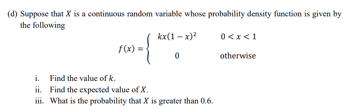 Solved (d) Suppose that X is a continuous random variable | Chegg.com