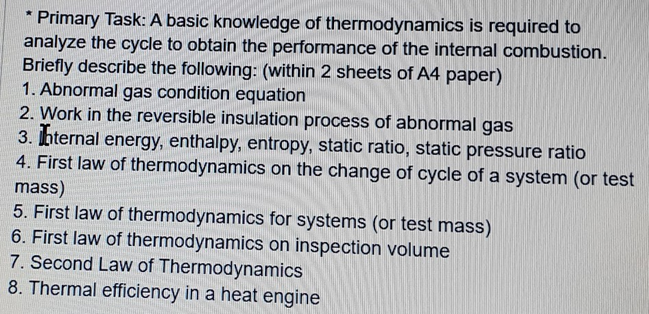 Solved * Primary Task: A basic knowledge of thermodynamics | Chegg.com
