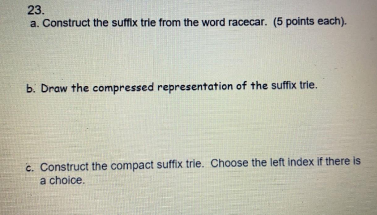 Solved 23. a. Construct the suffix trie from the word | Chegg.com