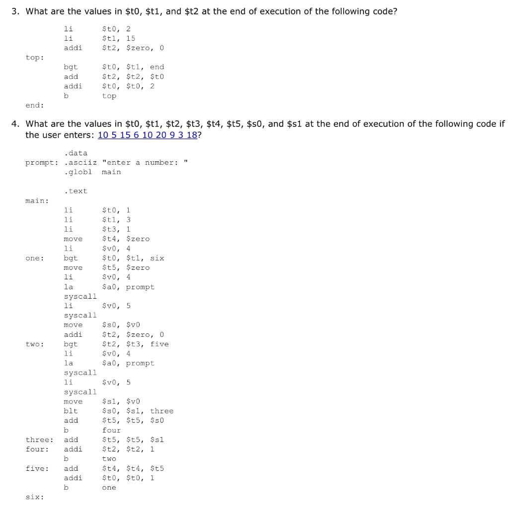 Solved 3. What are the values in $t0,$t1, and $t2 at the end | Chegg.com
