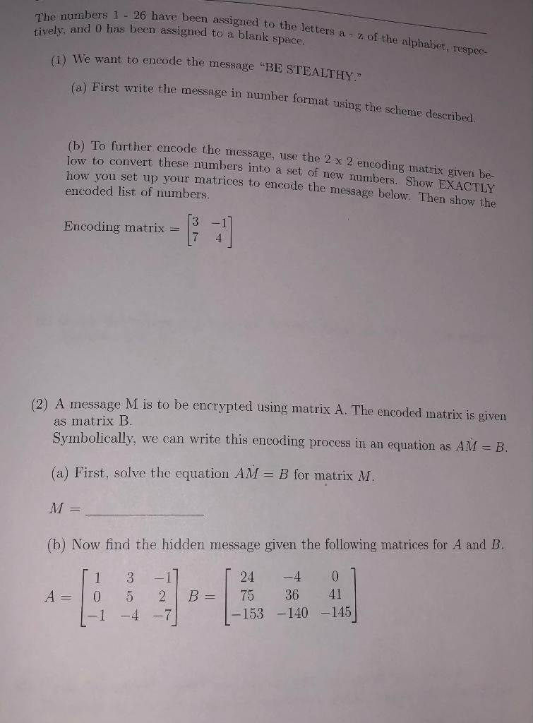 Solved The numbers 1 - 26 have been assigned to the letters | Chegg.com