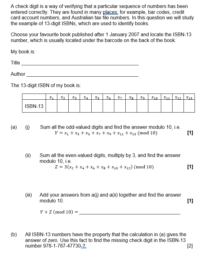 Solved A check digit is a way of verifying that a particular | Chegg.com