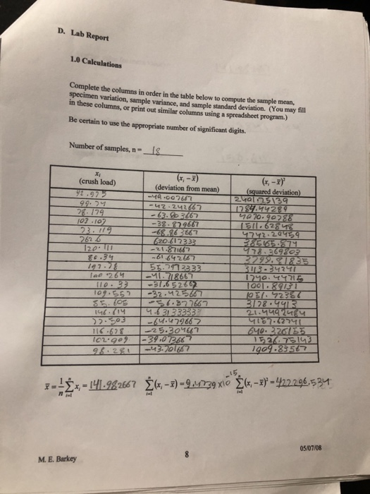 Solved D. Lab Report 1.0 Calculations Complete the columns | Chegg.com
