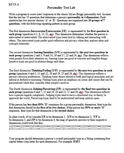 Solved AP CSA Personality Test Lab Write a program to score | Chegg.com