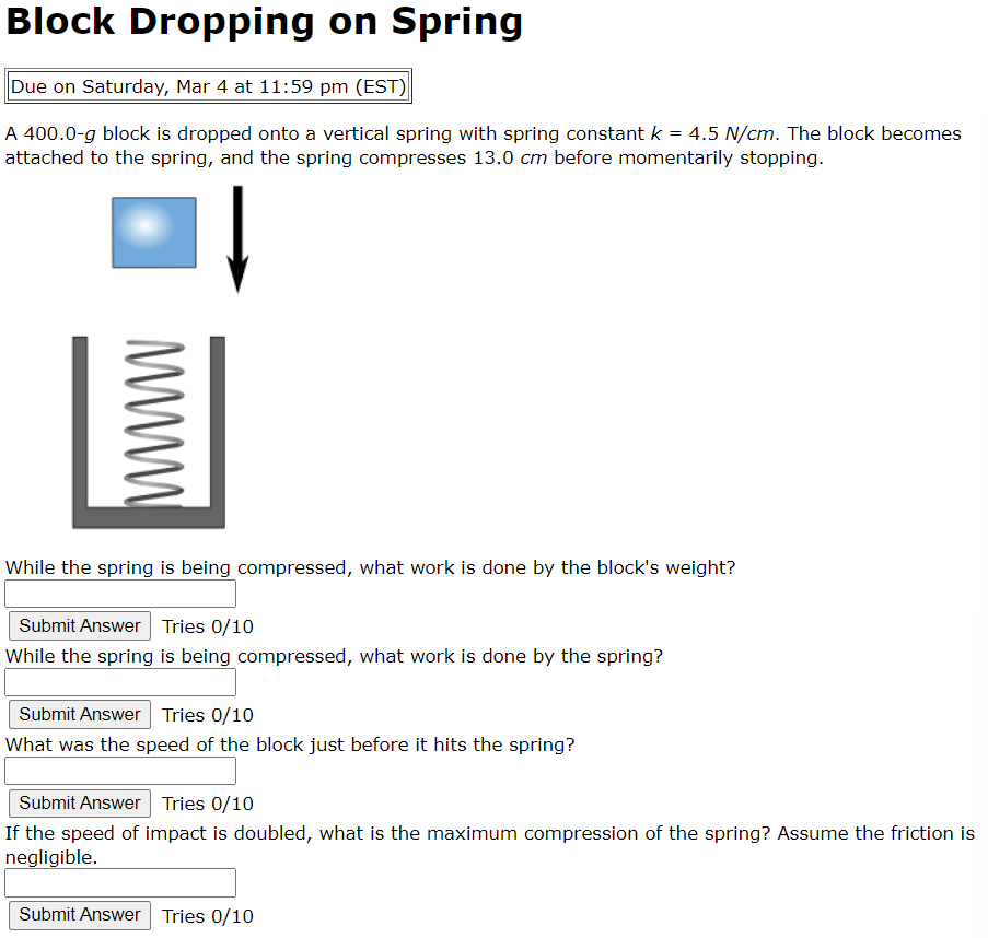 Solved Block Dropping on Spring A 400.0- g block is dropped | Chegg.com