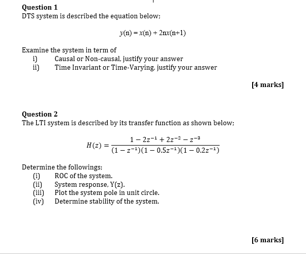 Solved Question 1 DTS system is described the equation | Chegg.com