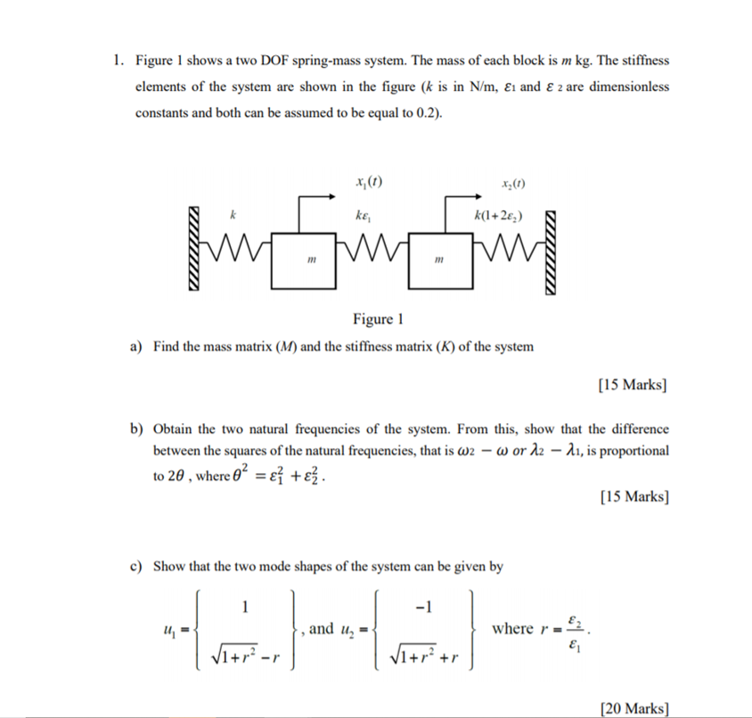 Solved 1. Figure 1 shows a two DOF spring-mass system. The | Chegg.com