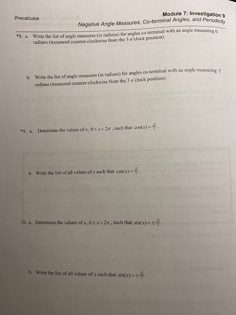 Solved Module 7: Investigation 9 Precalculus Negative Angle | Chegg.com