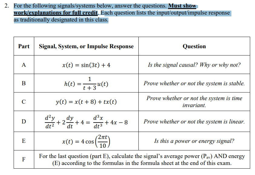 Solved 2. For the following signals/systems below, answer | Chegg.com