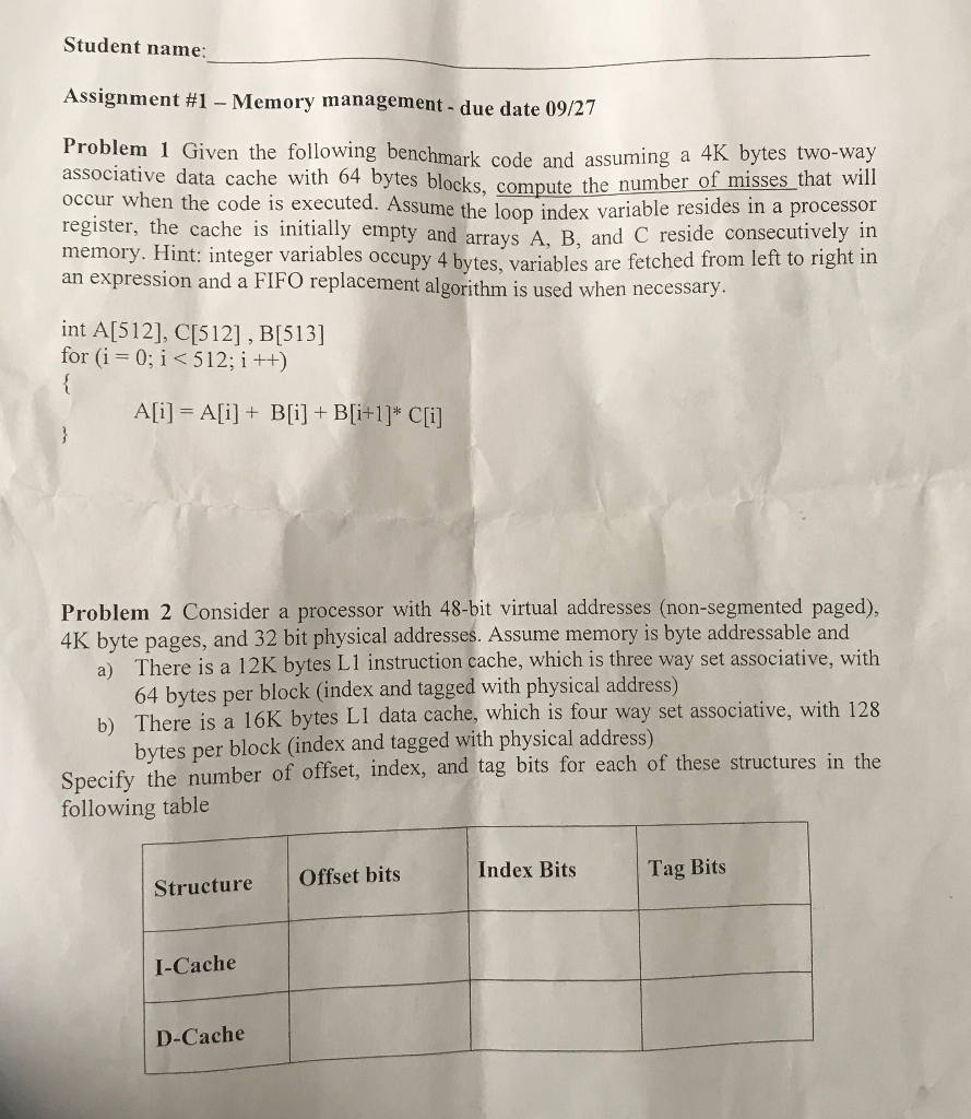 Student name: Assignment #1 - Memory management - due | Chegg.com