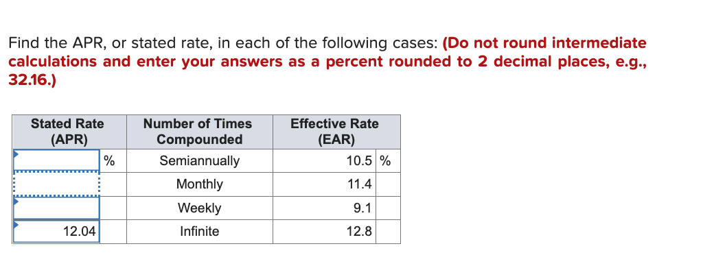 Solved Find the APR, or stated rate, in each of the | Chegg.com
