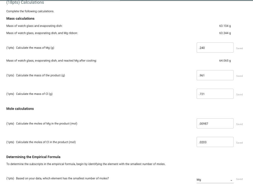 Solved (18pts) Calculations Complete the following | Chegg.com