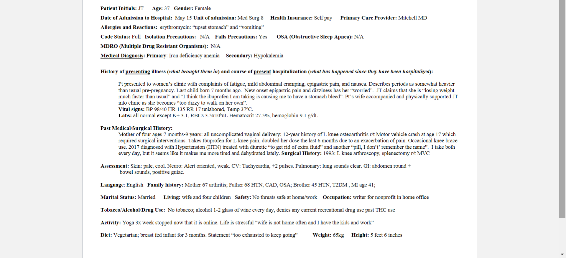 Solved A. Based on the case study, what are the relevant lab | Chegg.com | Chegg.com