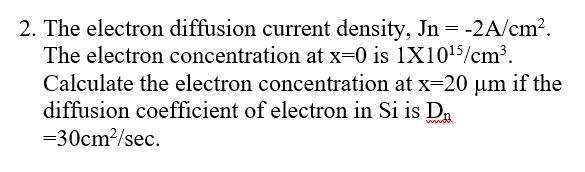 Solved 2. The electron diffusion current density, Jn= | Chegg.com