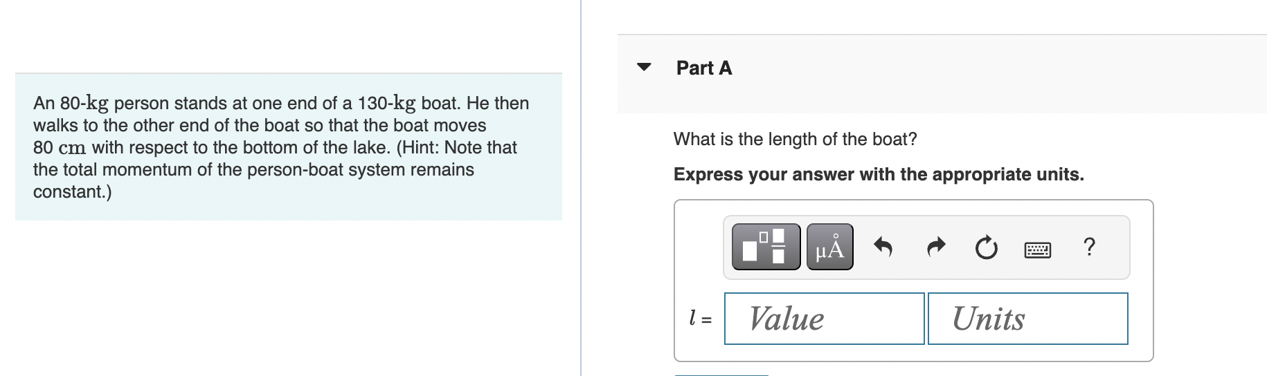 Solved An 80-kg ﻿person stands at one end of a 130-kg ﻿boat. | Chegg.com