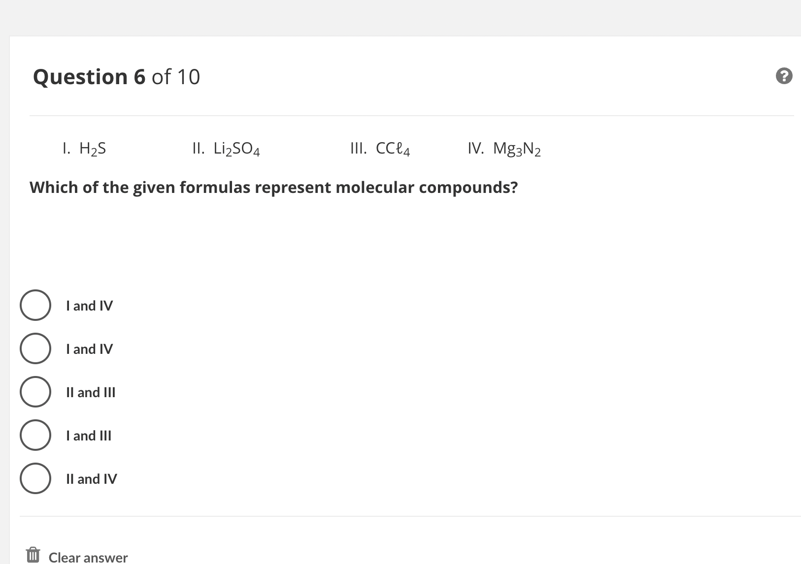 Solved code class="asciimath">Question 6 ﻿of 10 ﻿I. H_(2)S | Chegg.com