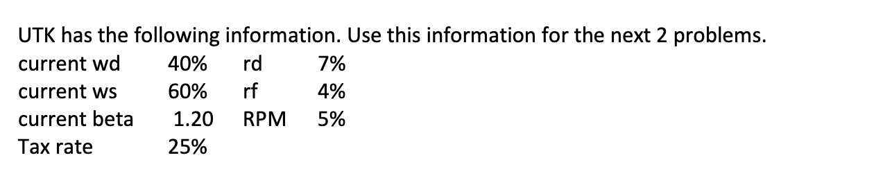 Solved Calculate UTK's unlevered required return on equity, | Chegg.com