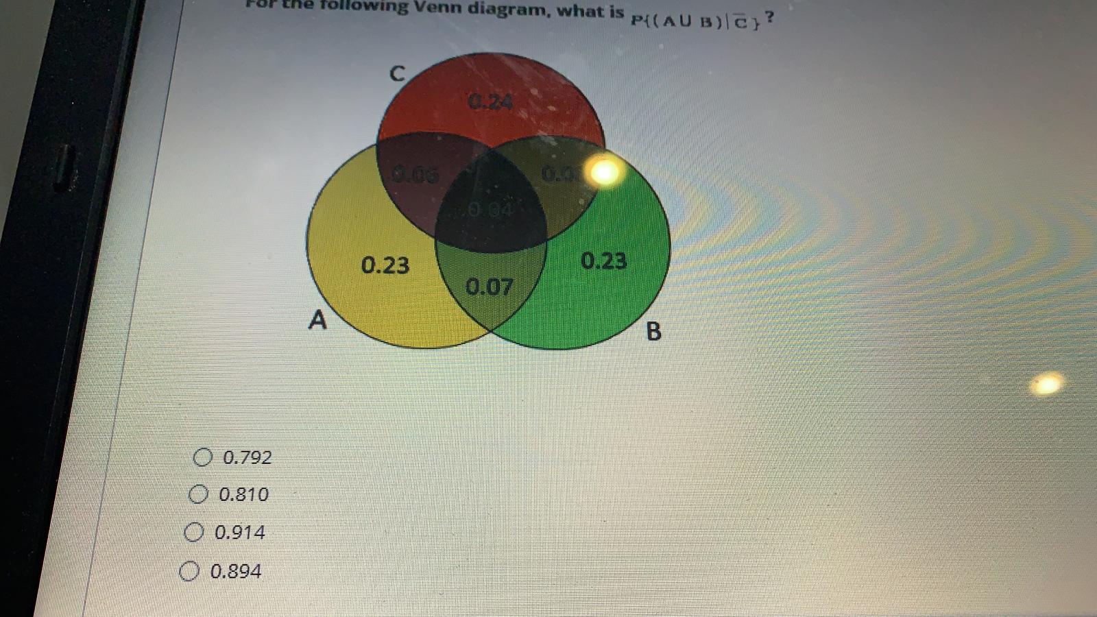 Solved following Venn diagram, what is P{(AUB) C)? 0.23 0.23 | Chegg.com