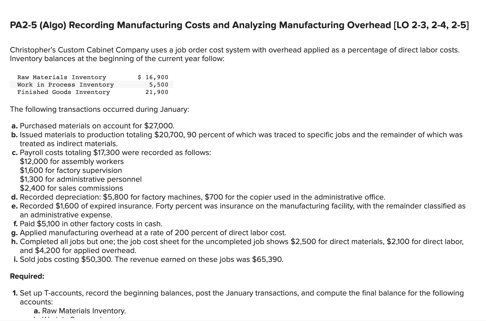 Solved PA2-5 (Algo) Recording Manufacturing Costs and | Chegg.com