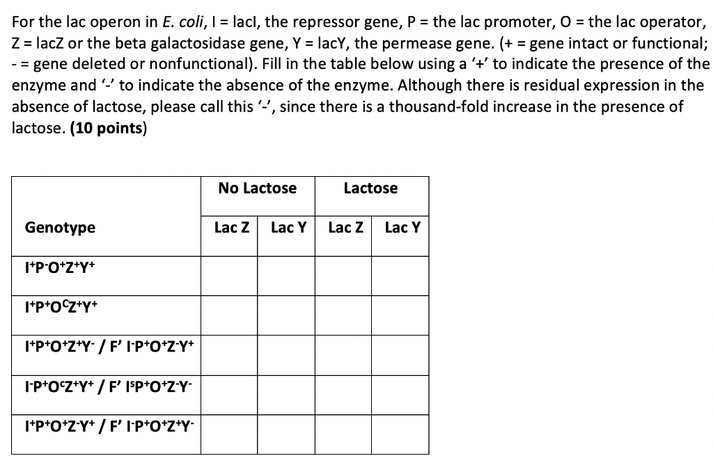 Solved For the lac operon in E. coli, 1 = lacl, the | Chegg.com
