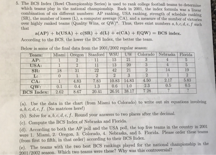 Solved 5. The BCS Index (Bowl Championship Series) is used | Chegg.com