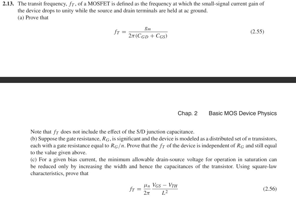 Solved 2.13. The transit frequency, ft, of a MOSFET is | Chegg.com