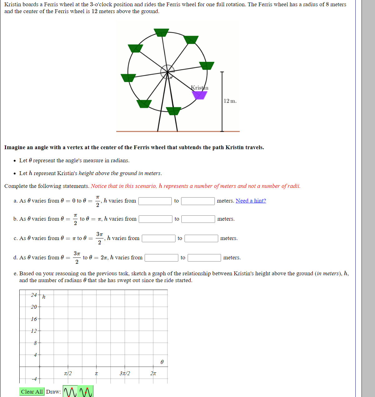 Solved Kristin boards a Ferris wheel at the 3 -o'clock | Chegg.com