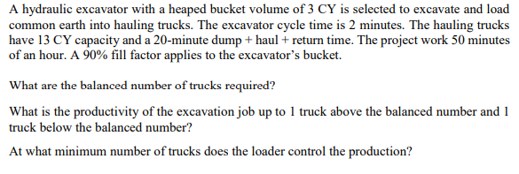 Solved A hydraulic excavator with a heaped bucket volume of | Chegg.com