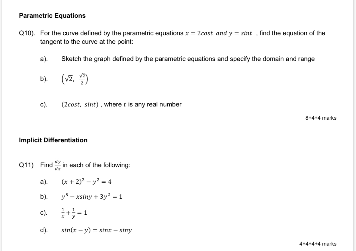 Solved Parametric Equations Q10). For the curve defined by | Chegg.com
