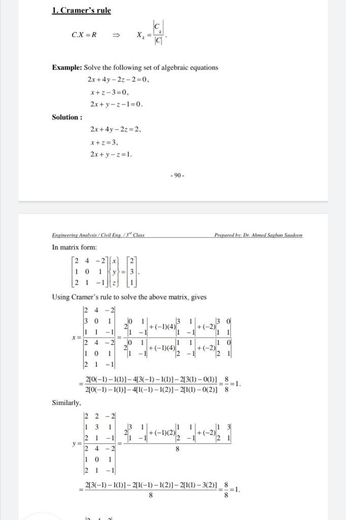 Solved 1. Cramer's rule C.X=R X Example: Solve the following | Chegg.com