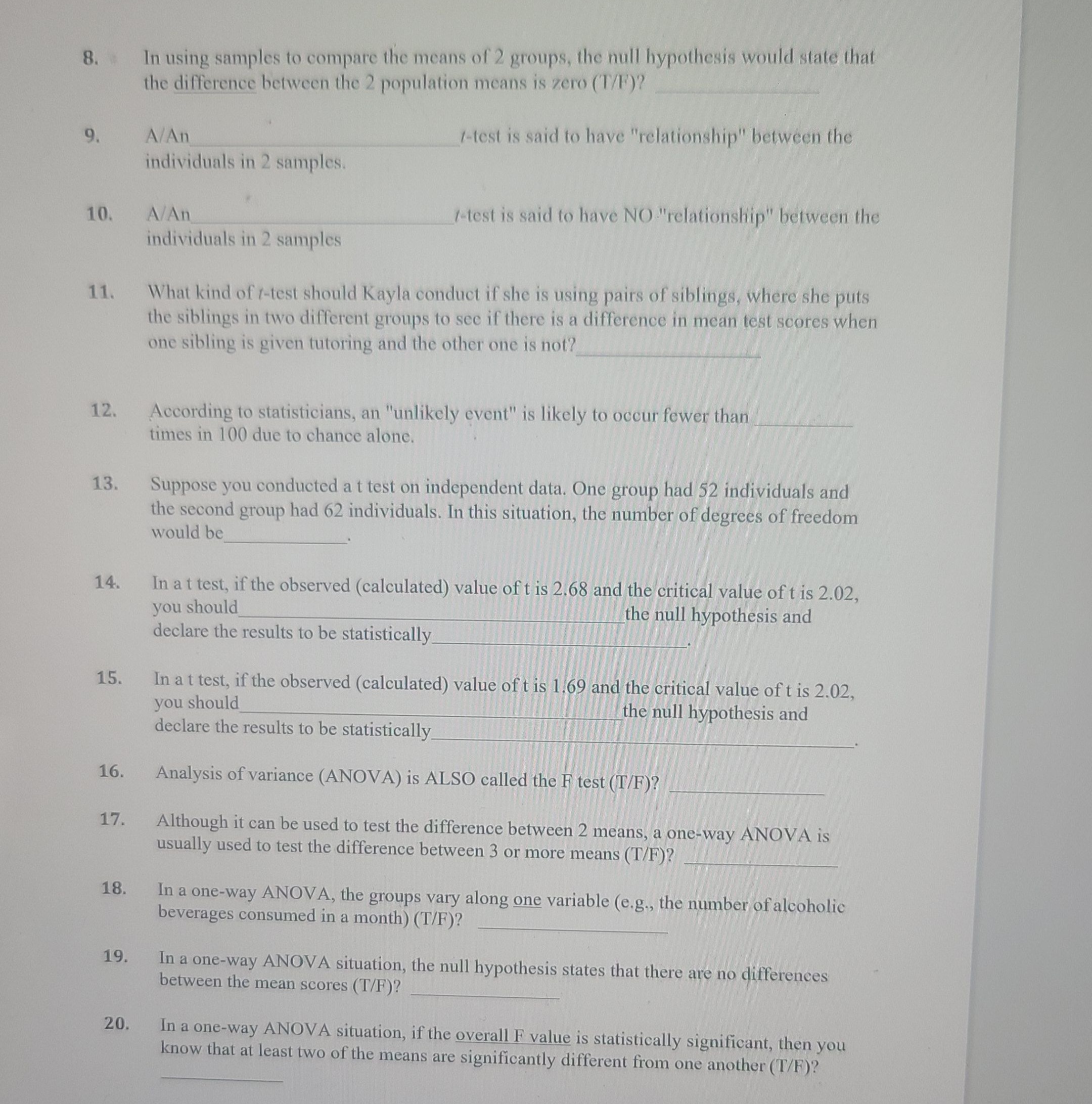 Solved 8. In using samples to compare the means of 2 groups, | Chegg.com