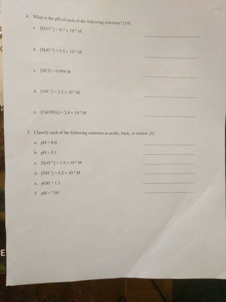Solved 4. What is the plH of each of the following | Chegg.com