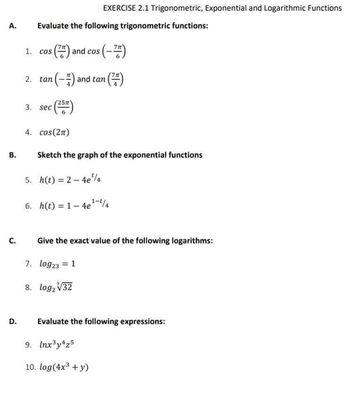 Solved EXERCISE 2.1 Trigonometric, Exponential and | Chegg.com