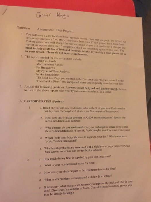 Solved Nutrition Assignment: Diet Project 1. You will need a | Chegg.com