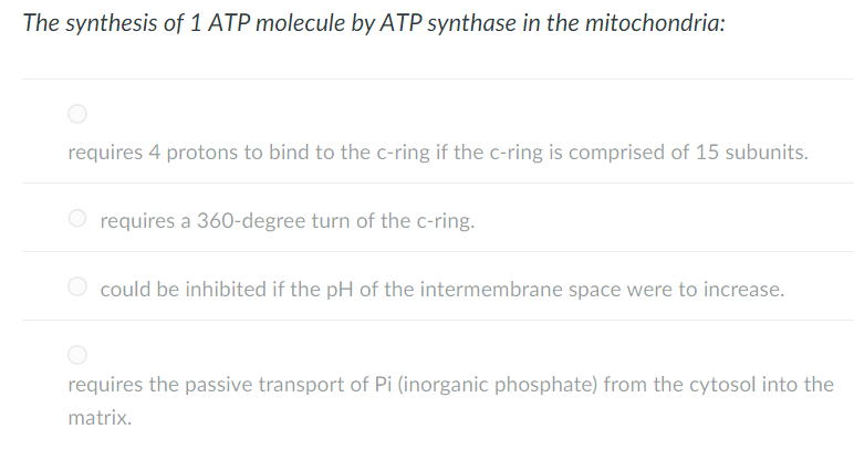 Solved The synthesis of 1 ﻿ATP molecule by ATP synthase in | Chegg.com